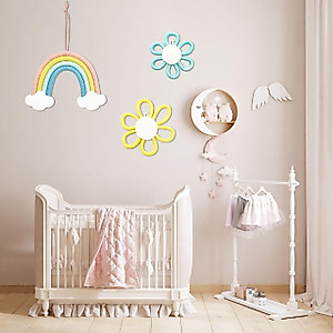 Boho Nursery Decor for Girl Woven Daisy Flower Decor Rainbow Macrame Wall Hanging Baby Girls Kids Nursery Home Bedroom Room Dorm Decor,3PCS