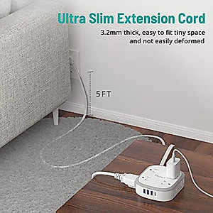 Flat Plug Power Strip, 5 ft Ultra Thin Flat Extension Cord, 8 Widely Outlets, 4 USB Ports(1 USB C) Desk Charging Station, Compact Surge Protector Power Strip for Travel Home Office Dorm Essentials
