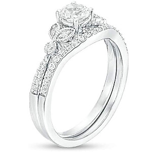 Round Cut 1/6 CT Simulated Diamond Leaf-Sides Vintage-Style Bridal Engagement Wedding Ring Set For Womens In 925 Sterling Silver