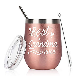 Best Grandma Ever Tumbler Best Grandma Tumbler with Straw Birthday Mothers Day Gifts for Grandma from Grandkids Grandson Granddaughter Grandma Wine Tumbler 12 Ounce with Gift Box Rose Gold