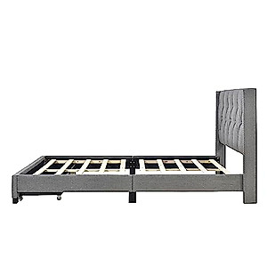 Queen Bed Frame with 2 Storage Drawers, Fabric Upholstered Platform Bed Frame with Deep-set Pattern Button Tufted Headboard, Sturdy Wood Slats Support Mattress Foundation, No Box Spring Needed (grey)