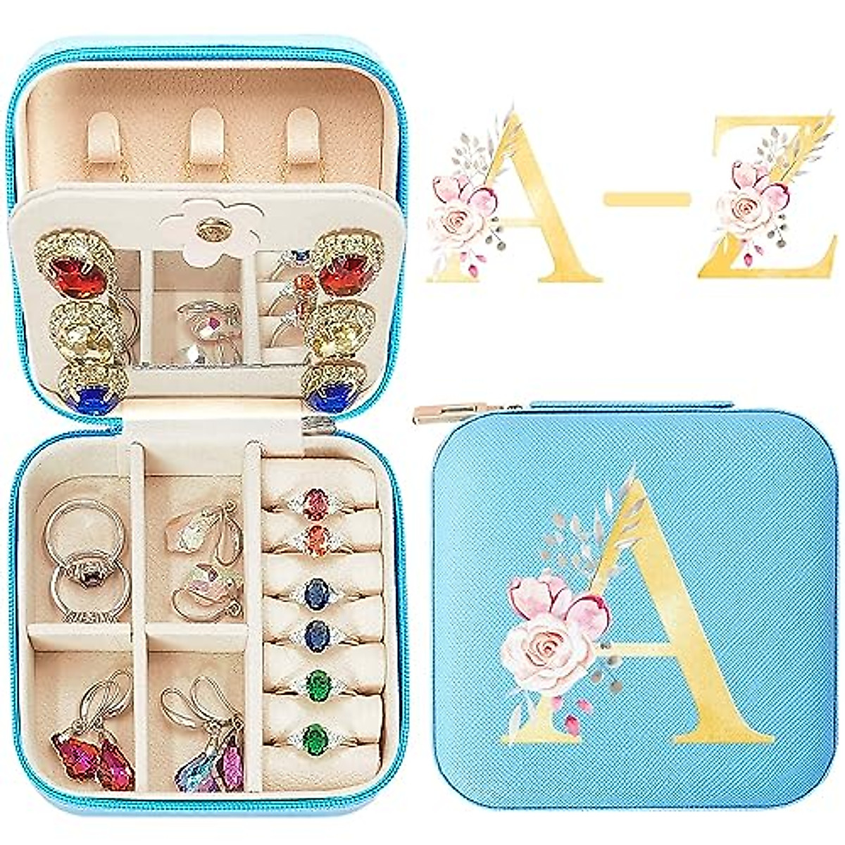 Travel Jewelry Case, Monogram Jewelry Organizer Travel Jewelry Box w Mirror Birthday Gifts for Women Mom Girls, Travel Essentials Ring Necklace Earring Jewelry Holder Organizer Preppy Stuff (A)