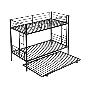 UOCFYK Twin Over Twin Metal Bunk Bed with Trundle,Twin Metal Bed Frame with 2 Ladder and Guardrails&Convertible Bunkbeds for Boys/Girls,Space Saving Design,No Spring Box Required,Black