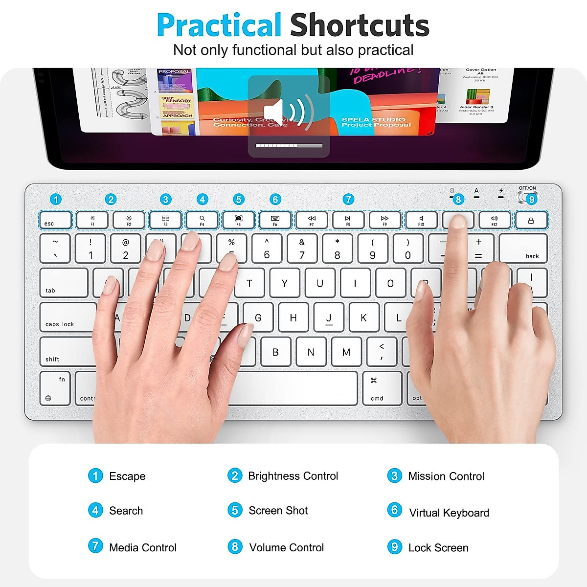 Emetok for iPad Keyboard [Aluminum Base, Big Keycap, Rechargeable], Portable Bluetooth 5.1 Keyboard for iPad 10th/9th/8th, iPad Pro 11/12.9, iPad Air/Mini/iPhone, Silver