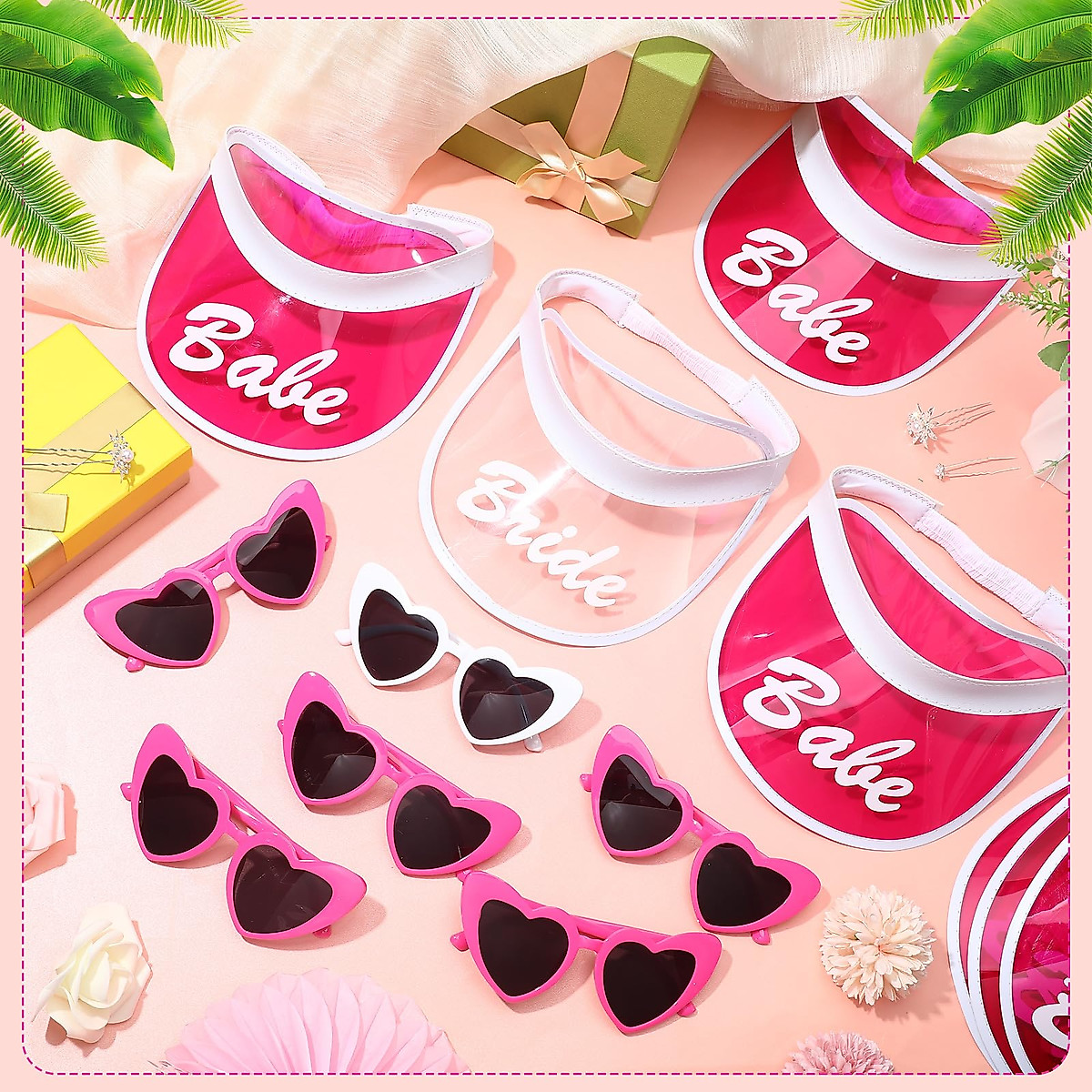 Mepase 24 Pcs Bachelorette Visors and Bride Heart Shaped Sunglasses Set Bride Sun Hats for Women Wedding(White, Rose)