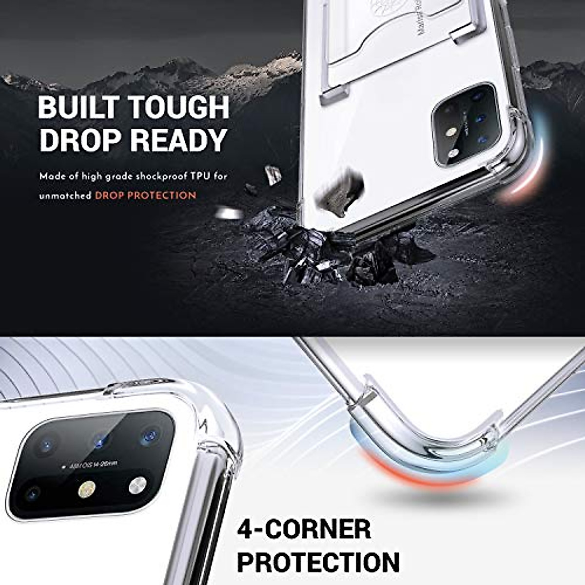 Shields Up for OnePlus 8T Case, 1+8T Case, Minimalist Wallet Case with Card Holder and Ring Kickstand/Stand, [Drop Protection] Slim Protective Cover for OnePlus 8T - Clear