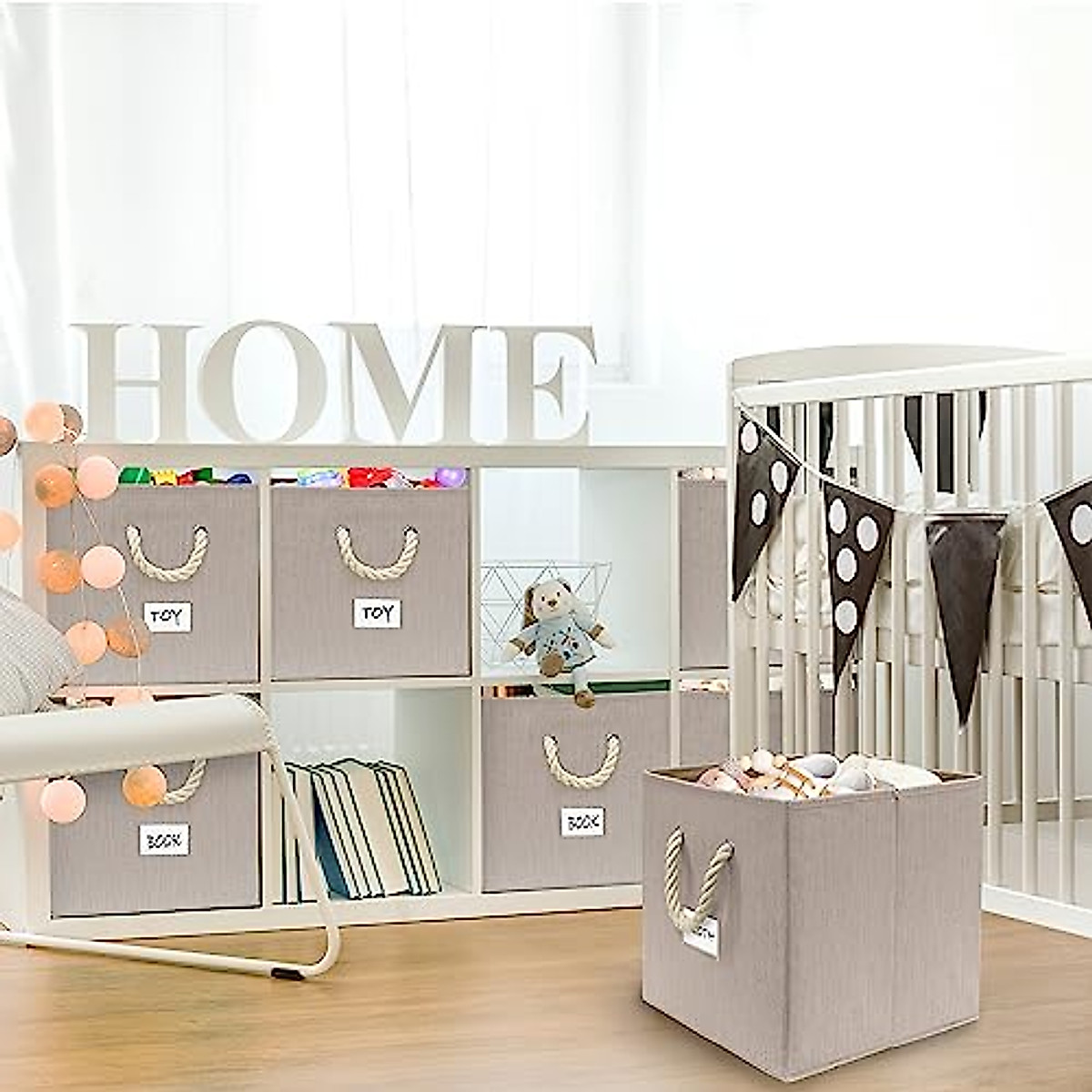 Simple Houseware 13" Cube Storage Bin With Braided Rope Handles, 3 Pack, Beige