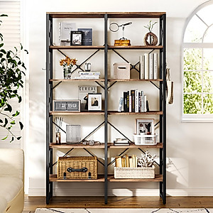 oneinmil Double Wide 6-Tier Bookcase, Industrial Bookshelf with Metal Frame, Open Large Book Shelf, Wood and Tall Display Shelves for Home and Office, Rustic Brown and Black