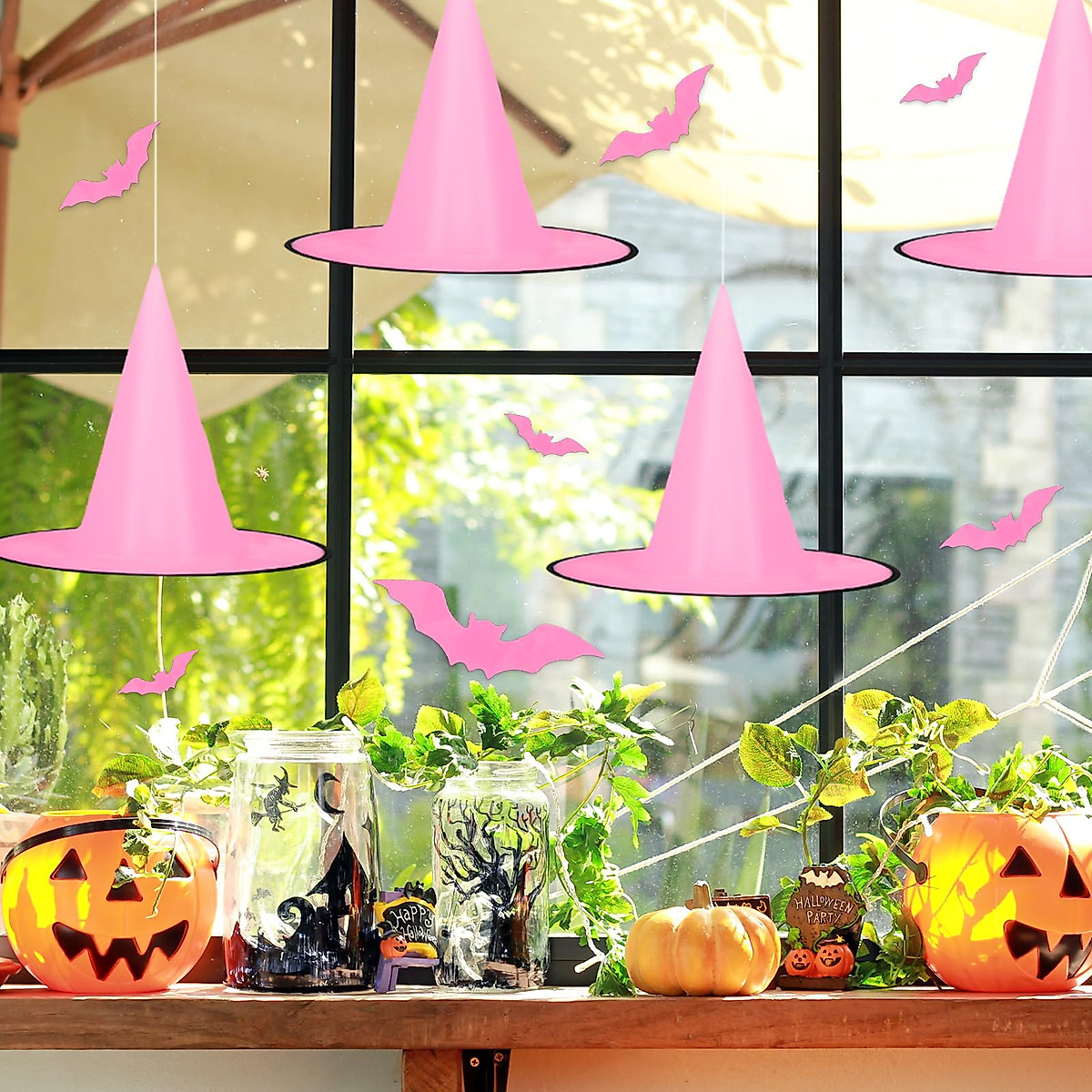 Whaline 14Pcs Halloween Pink Witch Hat with 109 Yards Hanging Rope 32Pcs 3D Bat Stickers Scary Witch Cap Halloween Hanging Decoration for Halloween Home Inside Outside Garden Yard Lawn Decoration