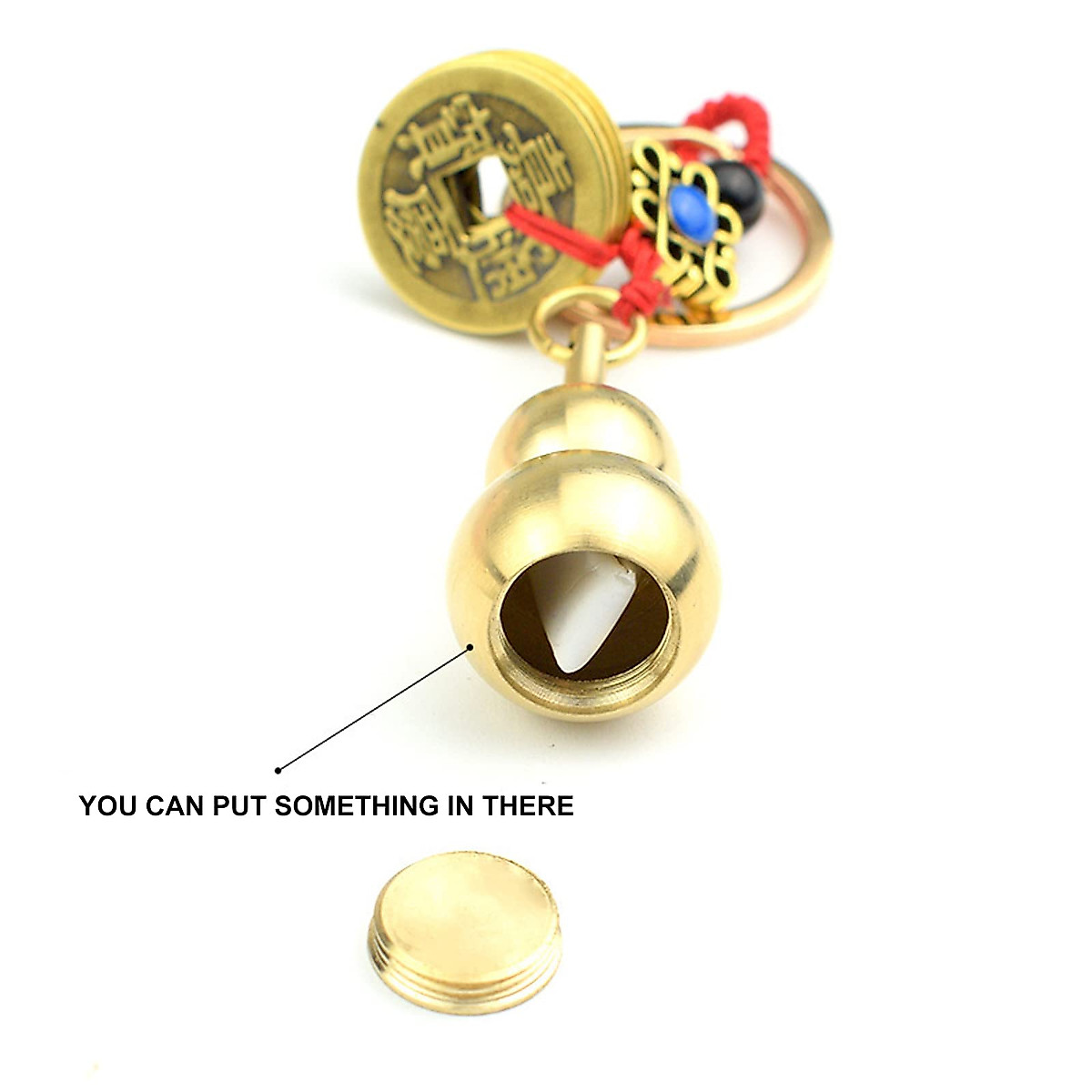 3PCS Chinese Gourd Brass Wu Lou Keychains, Gold Feng Shui Coins for Good Luck Fortune Longevity Success, Detachable Calabash Decorations Pendant Key Rings to Stuff Bless Prayer Note (Bottom Open)