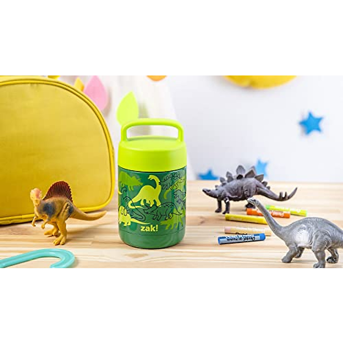 Zak Designs Kids' Vacuum Insulated Stainless Steel Food Jar with Carry Handle, Thermal Container for Travel Meals and Lunch On The Go, 12 oz, Dino Camo