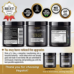 VEGATOT Vertigo Supplement *USA Made and Tested* Inner Ear Supplement with Ginkgo Biloba Lion's Mane Lemon Balm Ginger VIT B1, B6, B12- for Dizziness Spinning Inner Ear Balance