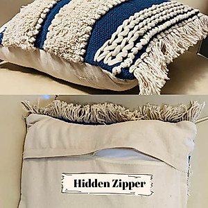 COCO MARKETPLACE Throw Pillow, Decorative Pillow Cover 18x18 Moroccan Rustic Neutral Handwoven Tufted Accent Pillows for Sofa, Chair, Living Room, Home Decor Boho Pillows (Beige/Blue)