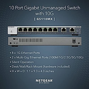 NETGEAR 10-Port Gigabit/10G Ethernet Unmanaged Switch (GS110MX) - with 8 x 1G, 2 x 10G/Multi-gig, Desktop, Wall or Rackmount, and Limited Lifetime Protection