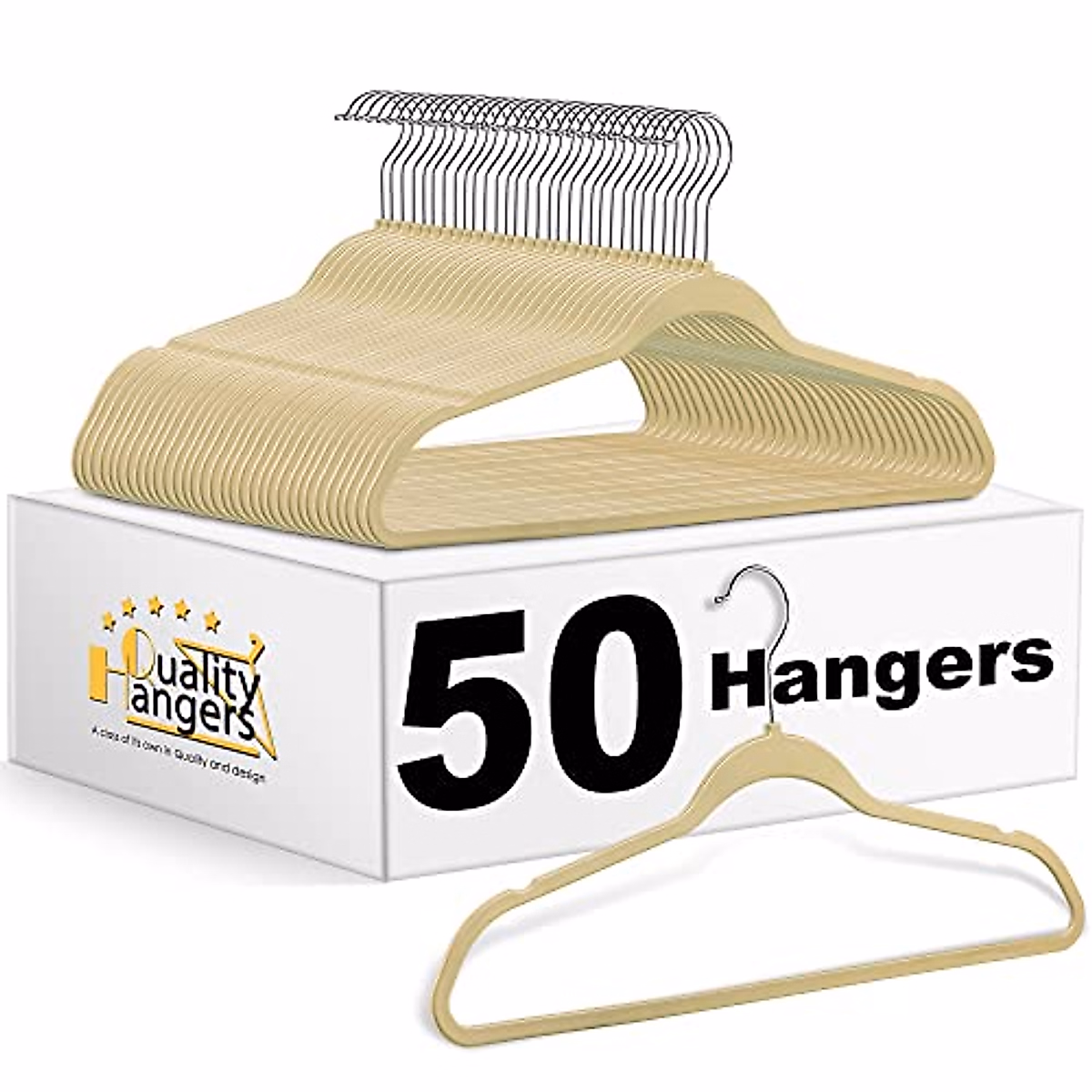 Quality Hangers 50 Pack Slim Plastic Hangers for Clothes - Heavy Duty Non-Velvet Hangers with 360° Swivel Chrome Hook & Non Slip Notches - Ideal for Dresses Coats Shirts Jackets & More - Ivory/Beige