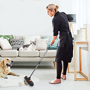 LandHope Carpet Rake for Pet Hair Remover Long Handle with Squeegee, Rubber Broom Carpet Brush Non Scratch Bristles Fur Remover Indoor Outdoor Push Broom for Cat Dog Hair Hardwood Tile Windows Clean