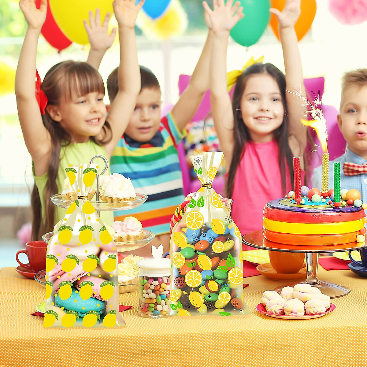 peony man 150 Pcs Lemon Cellophane Bags Lemon Cello Treat Bags Clear Candy Bags Plastic Goodie Storage Bags with 200 Pcs Twist Ties for Lemon Themed Party Supplies Summer Candy Packaging