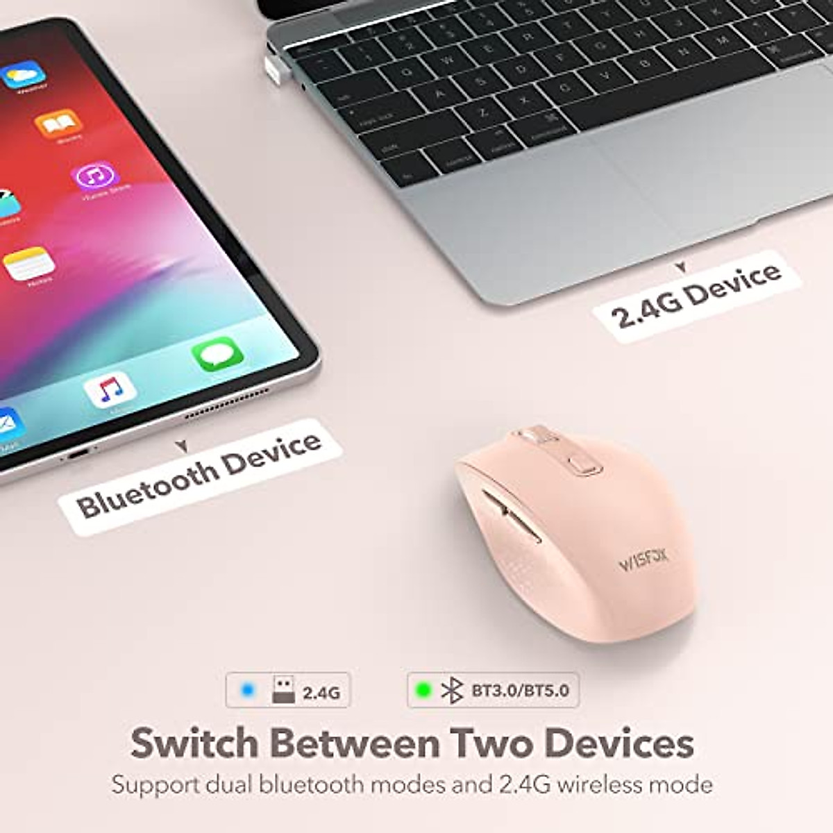 WisFox Bluetooth Mouse, Silent Wireless Mouse Come with 2 Modes (Bluetooth 3.0/5.0 + USB), Multi-Device Portable Cordless Mouse for Laptop, iPad, MacOS, PC, Windows, Android (Pink)