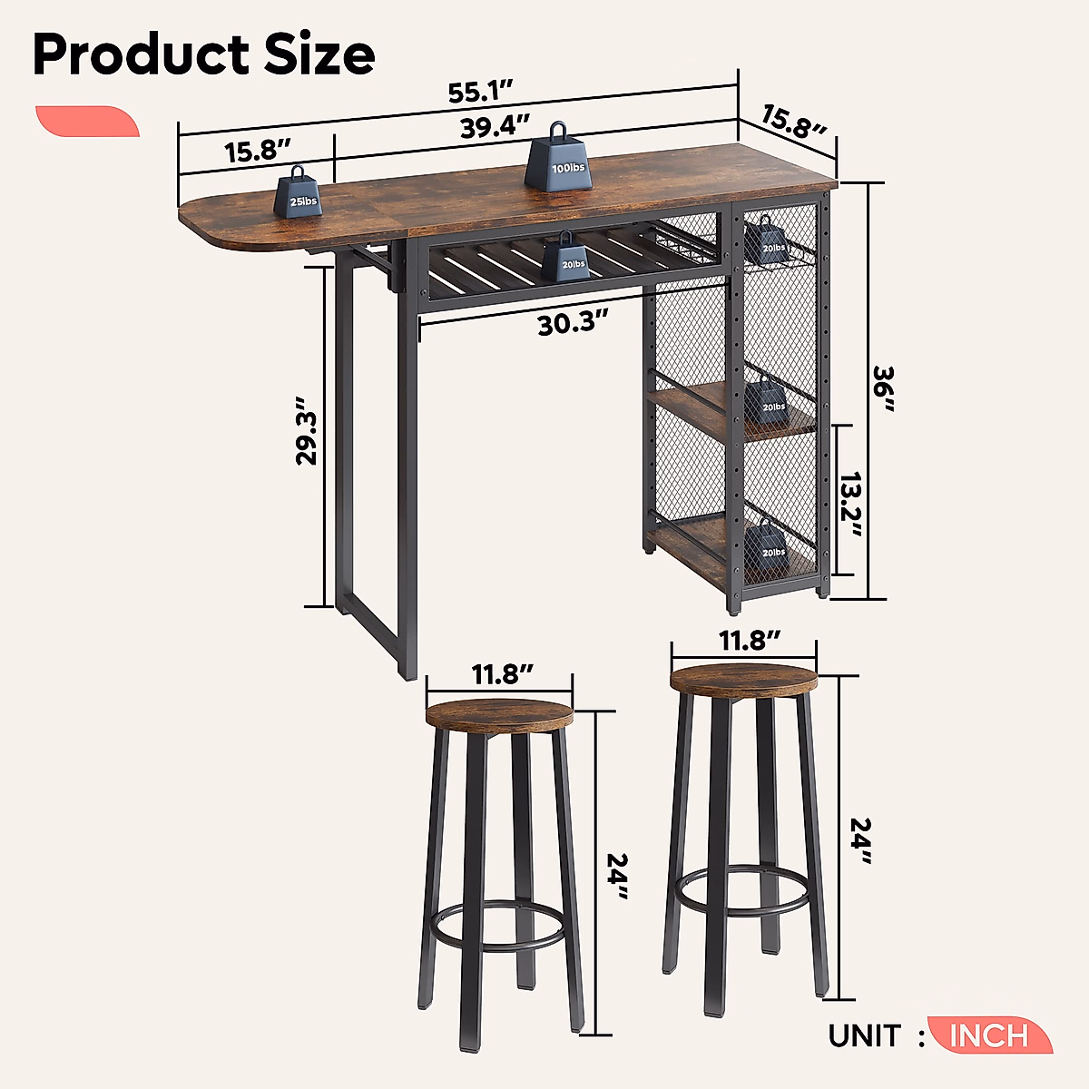 Bestier Bar Table and Chair Set, Expandable Dining Table with 2 Bar Stools, Industrial Kitchen Counter with Wine Rack & 3 Tier Adjustable Storage Shelves Rustic Brown