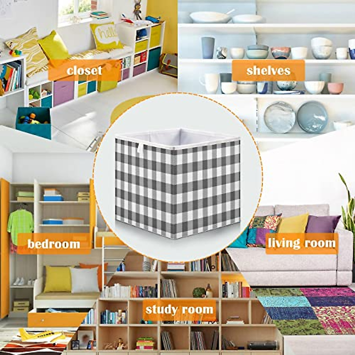 Kigai Collapsible Storage Baskets Plaid Grey and White Cube Storage Bins Baskets for Organizing Fabric Collapsible Storage Organizer for Bedroom Home Decor