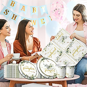 Little Pumpkin Baby Shower Decorations, A Sweet Little Pumpkin is On The Way Plates and Napkins Sage Greenery Eucalyptus Tableware Sets for Fall Baby Shower,Sage Green Birthday Supplies