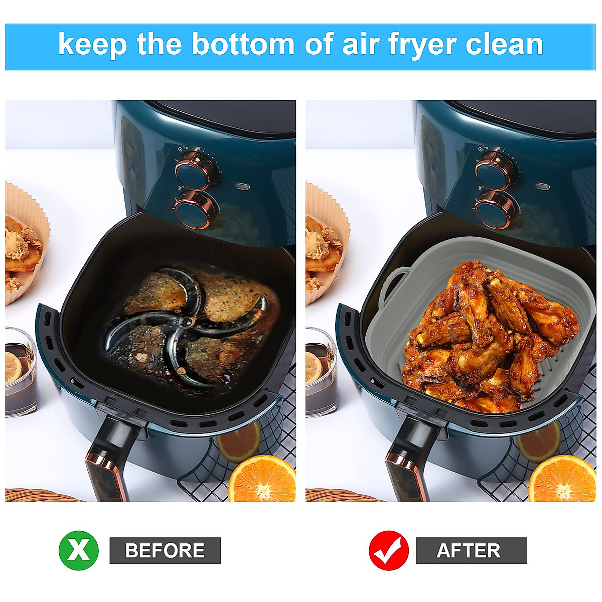 2Pcs Foldable Air Fryer Silicone Liner with Heat Resistant Glove - Reusable Silicone Pot, Food Grade Silicone Basket, Oven Accessory Non-Stick Baking Tray for 5.8-8 QT Air Fryer, 8.5 Inch Large