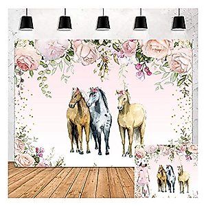 Pink Flower Countryside West Cowboy Cowgirl Horse Party Photo Backdrops 5x3ft Children Boy or Princess Girl Birthday Photography Background Baby Shower Party Supplies Banner Cake Table Decor Vinyl