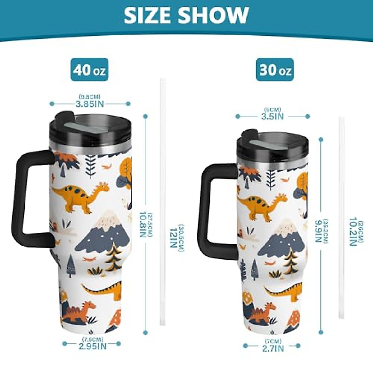 FRCSDIY Cartoon Dinosaur Insulated Tumbler with Handle and Straw Lid,40oz Leakproof Stainless Steel Cup BPA-Free Water Bottle