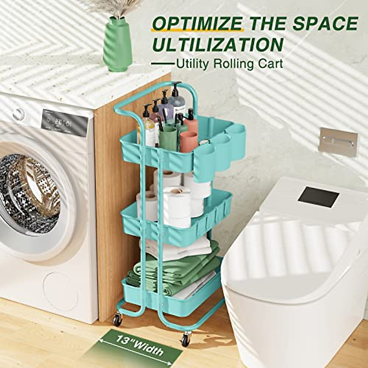 3-Tier Rolling Mobile Utility Cart with Hanging Cups & Hooks & Handle Multifunctional Organizer Storage Trolley Service Cart with Wheels Easy Assembly for Office, Bathroom, Kitchen (Blue)