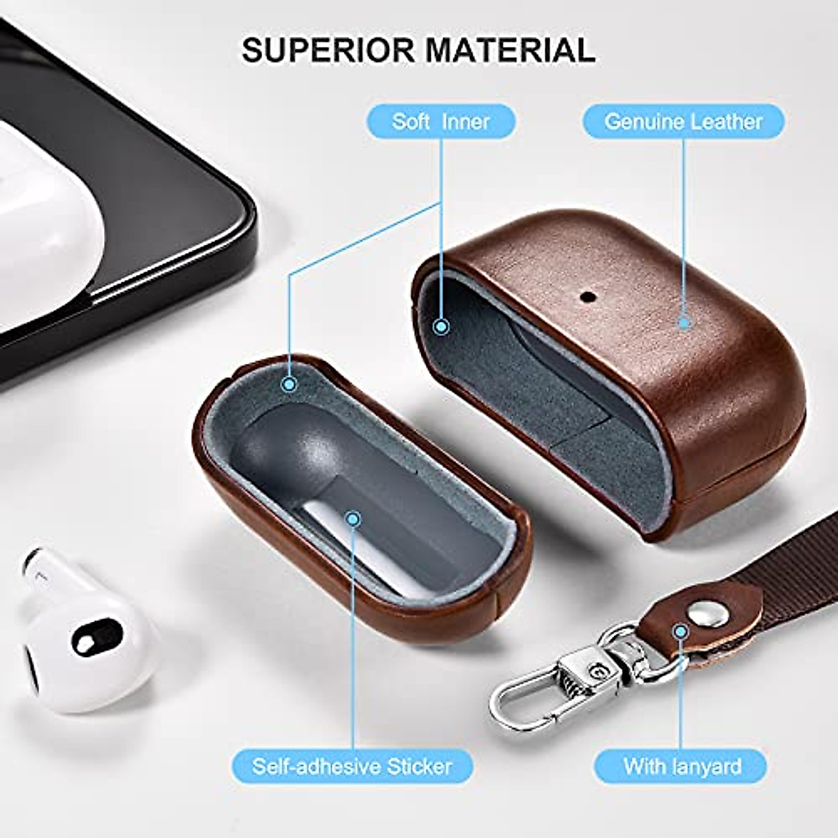 CEENFFO Genuine Leather Case for AirPods 3 (2021), Compatible with AirPods 3 Case Leather with Lanyard, Supports Wireless Charging and Front LED Visible for Case