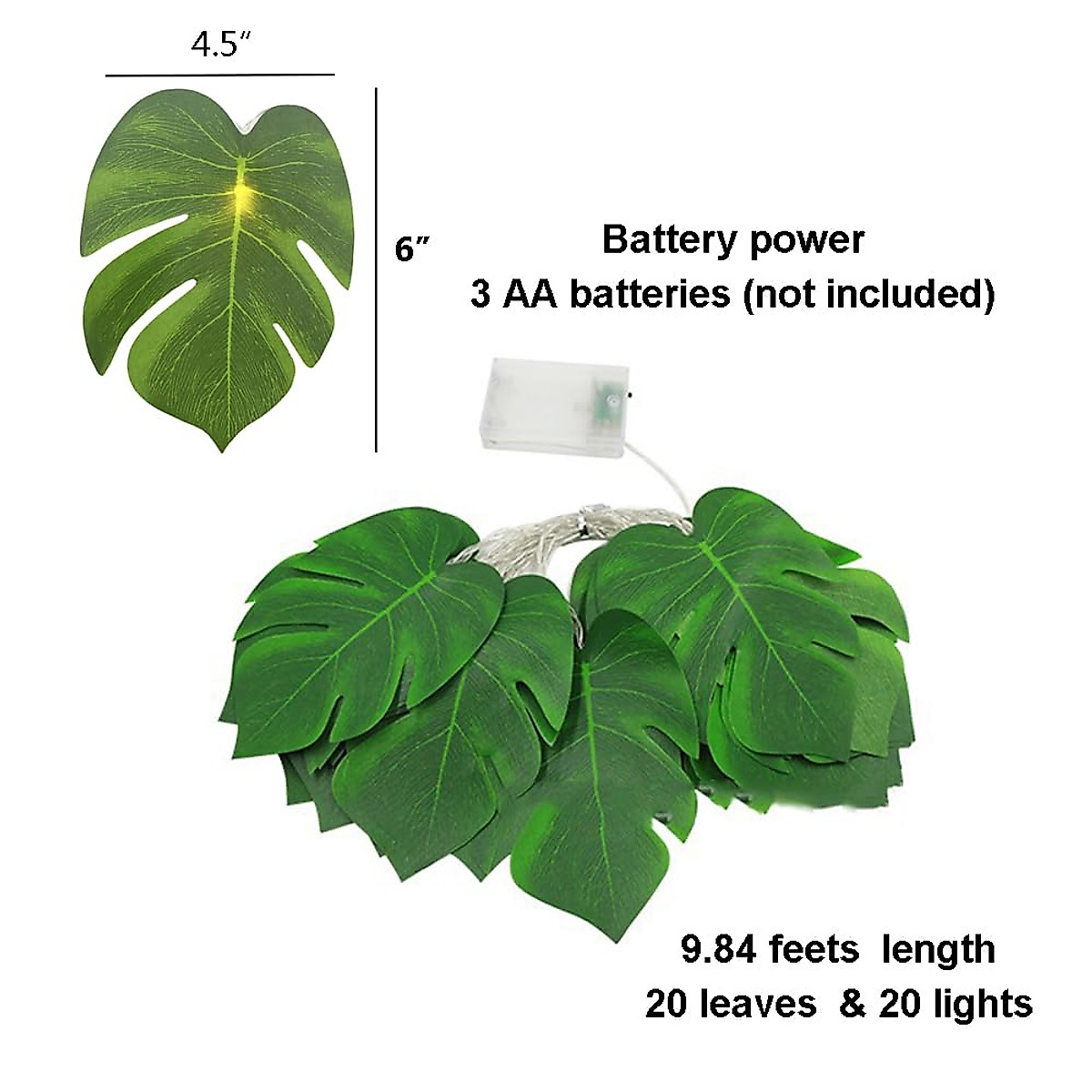 20 LED Palm Leaves String Lights, Tropical Artificial Monstera Leaf Wall Hanging Vine Leaf for Hawaiian Luau Party Jungle Theme Beach Birthday Home Decorations (A Monstera Leaf String Lights 1 Pcs)