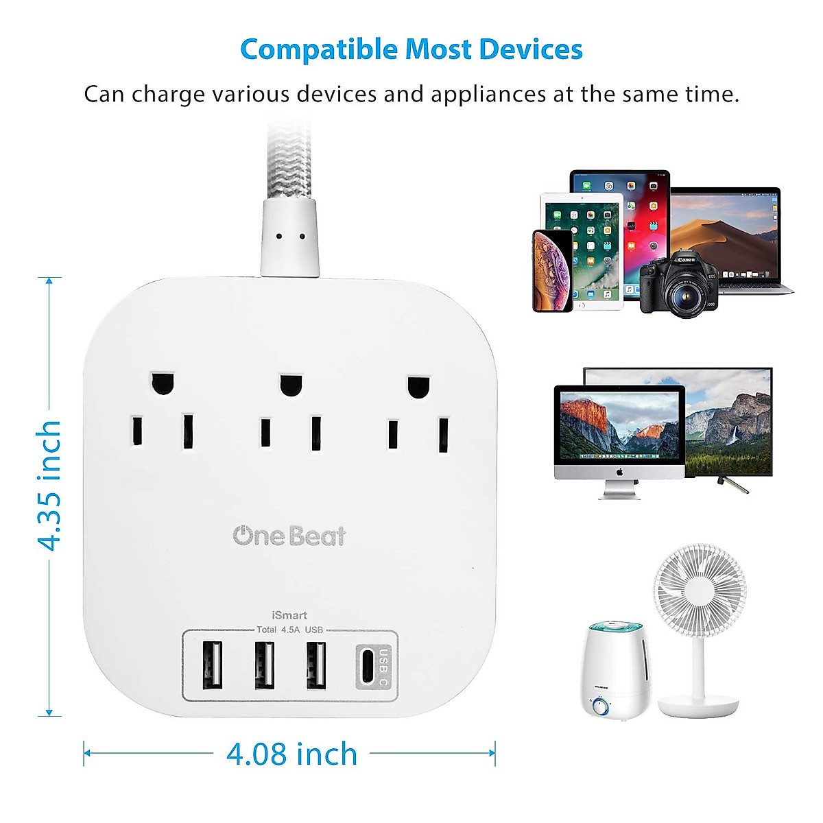 Cruise Power Strip 3 Outlets 4 USB Ports, Flat Plug, 5 Ft Extension Cord Non Surge Portector