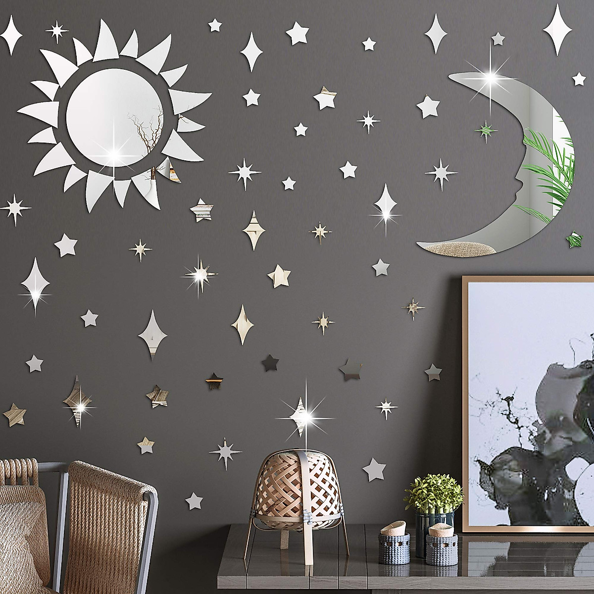 Amaonm Removable 3D Acrylic Mirror Surface Crystal Moon and Stars Wall Decal DIY Home Art Decor Wall Sticker Murals for Kids Boys and Girls Bedroom Room Ceiling Bathroom TV Background