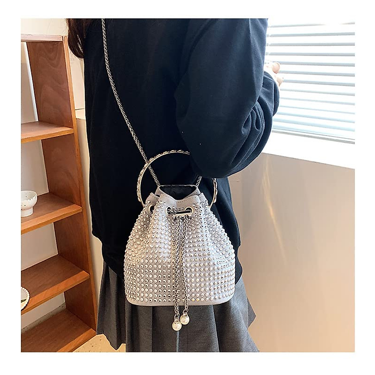 Rhinestone Bucket Evening Handbag for Women - Fashion Crystal Clutch Purse Bling Bling Crossbody Satchel Shoulder Bag for Party(Sliver)