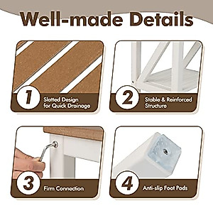 Giantex Shower Bench Waterproof HDPE - Shower Stool with Storage Shelf, Slatted Seat, Non-Slip Foot Pads, 2-Tier Plastic Spa Bath Step Shower Seat Footrest for Bathroom Indoor Outdoor (White & Brown)