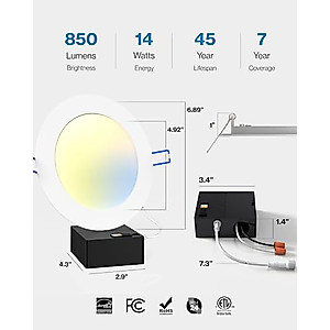 Sunco 24 Pack 6 Inch Ultra Thin LED Recessed Ceiling Lights, Slim Selectable CCT, 2700K/3000K/3500K/4000K/5000K, Dimmable, 14W, Wafer Thin, Canless with Junction Box