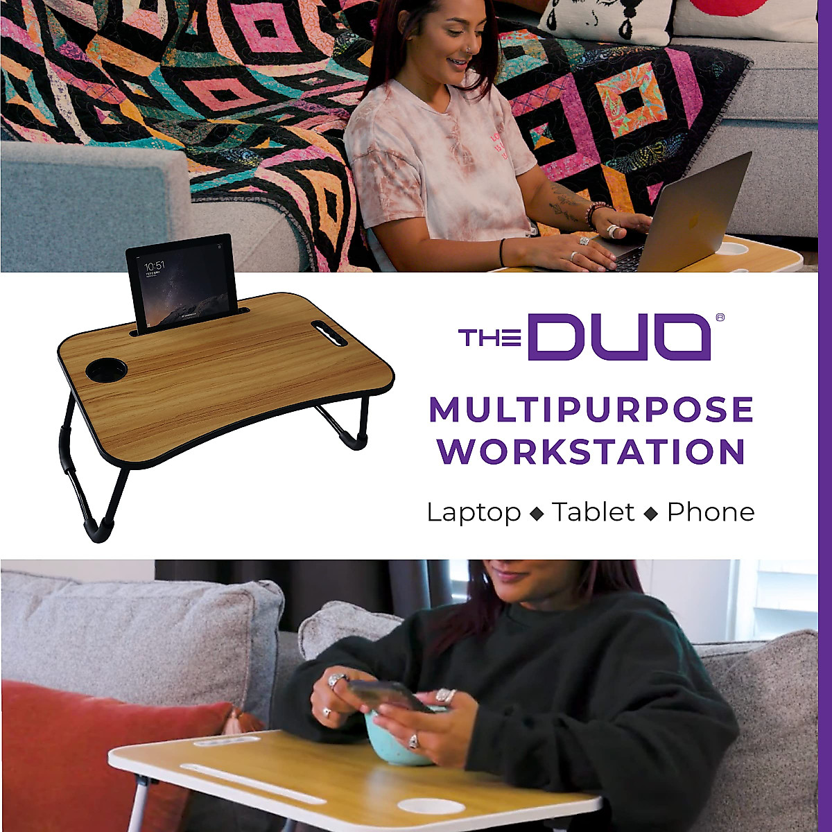THE DUO Laptop Workstation for Bed and Sofa - Foldable Laptop Table, Portable Table for Bed, Lap Desk for Working, Reading, Eating - Marble, 26 x 17.5 inches