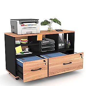 semoic 2-Drawer Wood File Cabinet, Mobile Lateral Filing Cabinet with Adjustable Shelf&Lockable Wheels, Fits Files //F4/A4, Printer Stand with Open Shelves Office