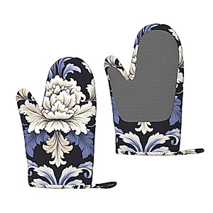 Damask Pattern Printed Oven Mitts Heat Resistant Oven Gloves Non-Slip Silicone Kitchen Gloves for Cooking Baking BBQ Gloves 1 Pair