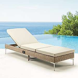 HOMREST Outdoor Chaise Lounge Chair Set of 2, Patio Wicker Lounge Chair with Pneumatic Adjustable Backrest, Rattan Pool Sunbathing Lounge Chair Suitable for Outside with Removable Cushion (Khaki)