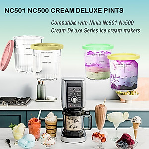 Tooneus 4 Pack Ninja Creami Deluxe Pints Compatible with NC500 NC501 Series Creami Ice Cream Makers for Ninja Creami Deluxe Containers Hold 24 oz of Food with ice cream scoop