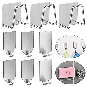 TWUTGAYW 3 Pc Adhesive Sponge Holder with 6 Pc Wall Hooks, Stainless Steel Sponge Hooks for Kitchen Sink, Rustproof Waterproof Sink Sponge Holder for Kitchen/Bath Hanging Towel Key Razor Hat Bag