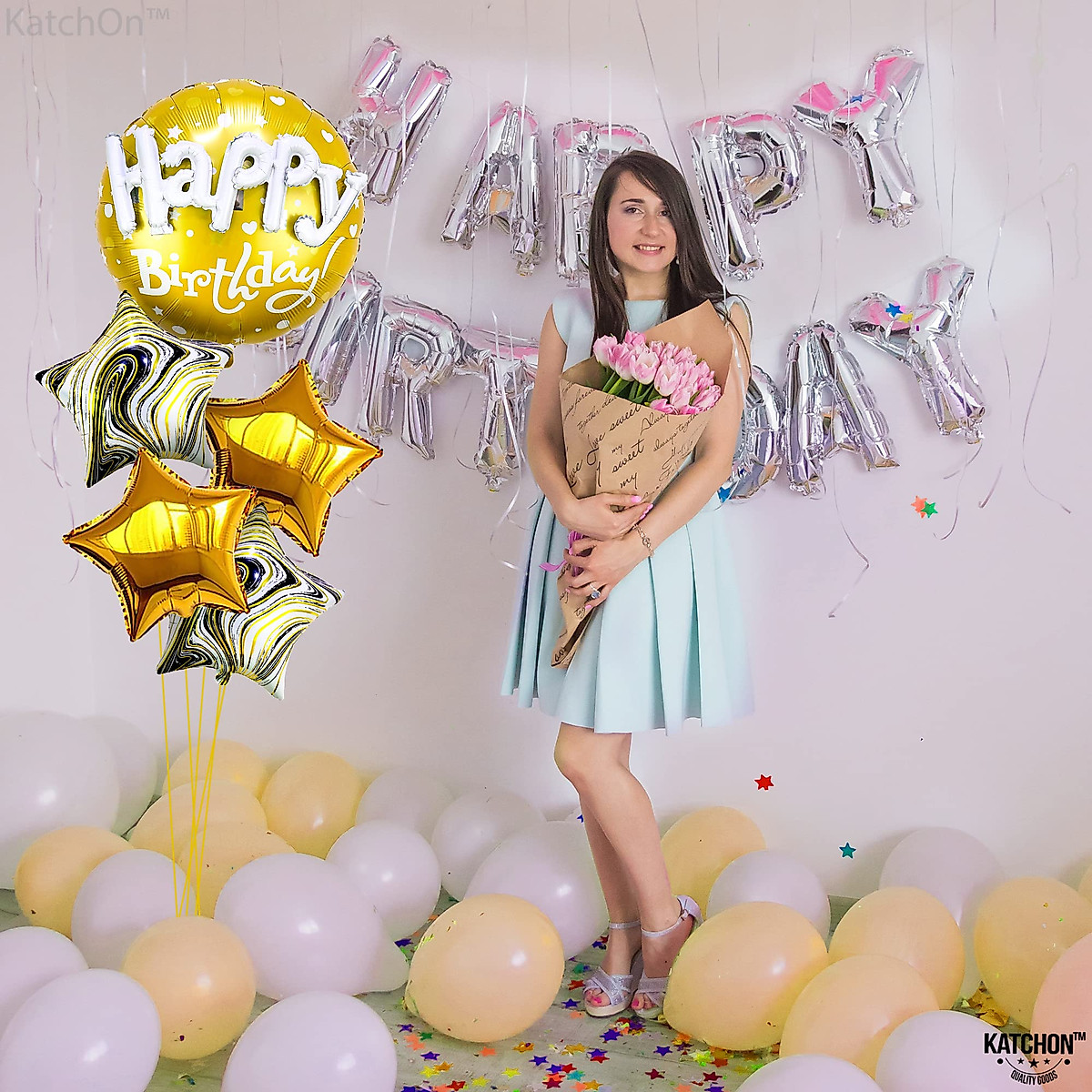 KatchOn, Gold Happy Birthday Balloon Set - 23 Inch, Big, Pack of 5 | Happy Birthday Mylar Balloons, Golden Birthday Balloons | Gold Star Balloons, Gold Foil Balloons | Black And Gold Party Decorations