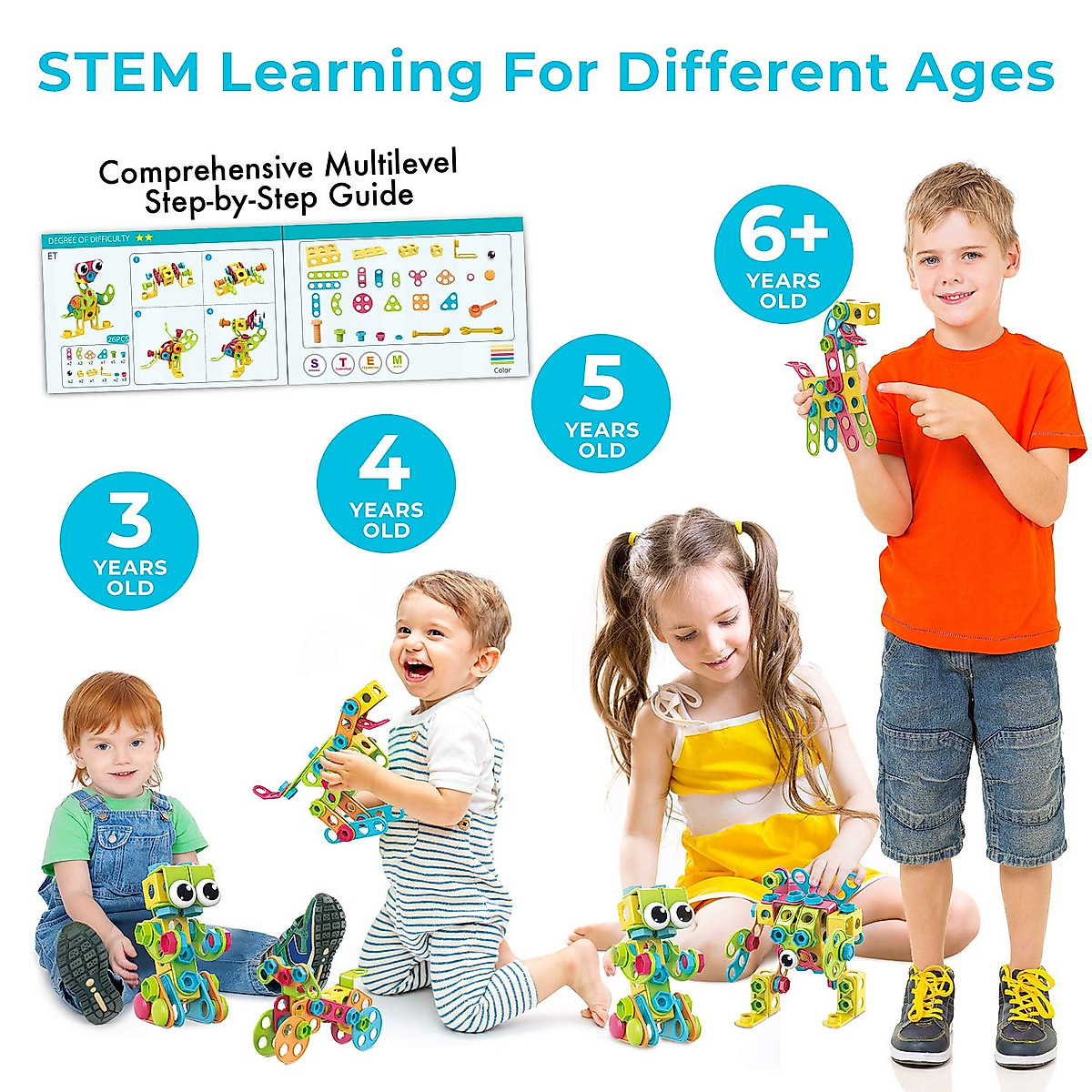 MOBI-US Toys 260 Piece STEM Learning Toys Kids Construction Engineering Kit Building Block Toy Blocks Children Early Education Playset Power Drill w/Free IdeaBook, Clickable Ratchet, Age 3+ US-T260