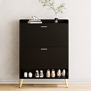 Osfvolr Shoe Cabinet with 2 Flip Drawers, Free Standing Tipping Bucket Shoe Rack Organizer with Top Cubby, Shoe Storage Organizer with Open Shelves for Narrow Closet, Entryway, Black