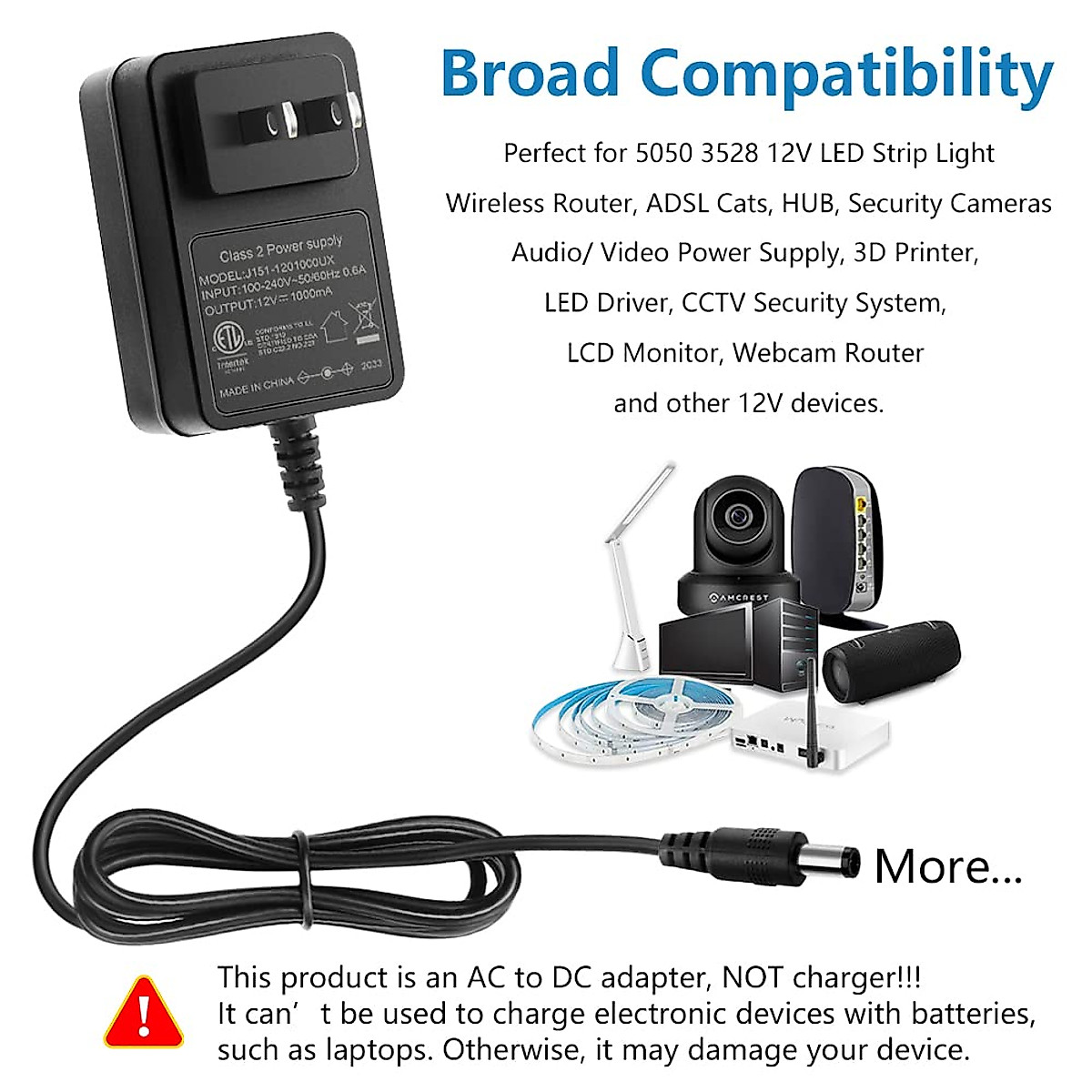 SHNITPWR 12V 1A DC Power Supply ETL Listed AC to DC Adapter Converter 1000mA 12W Transformer 100V~240V AC in 5.5x2.1mm Tip for CCTV WiFi IP Camera Player Router, Level VI Energy Efficiency, 2 Pack