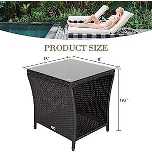 Kinsunny Square Glass Top Wicker Coffee Table, Outdoor Side Tables with Storage, Patio Furniture Patio Coffee Bistro Table PE Rattan Wicker Side Table w/Glass Top Indoor Outdoor, Black