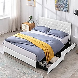 Mjkone Upholstered California King Platform Bed Frame with 4 Storage Drawers, PU Leather Modern Bed Frame with Adjustable Headboard, Button Tufted Design/No Box Spring Needed/Easy Assembly (White)