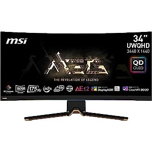MSI MEG 342C QD OLED, 34" Curved Gaming Monitor, 3440 x 1440 (UWQHD), OLED, 0.1ms, 175Hz, FreeSync Premium, HDR 400, HDMI, DP Port, USB Type C, Tilt, Height