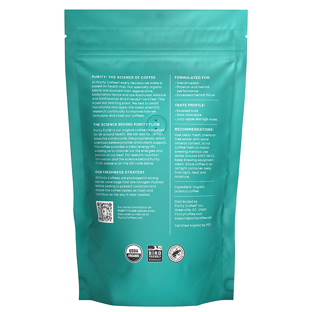 Purity Coffee FLOW Medium Roast Organic Coffee - USDA Certified Organic Specialty Grade Arabica Whole Bean Coffee - 12 oz Bag